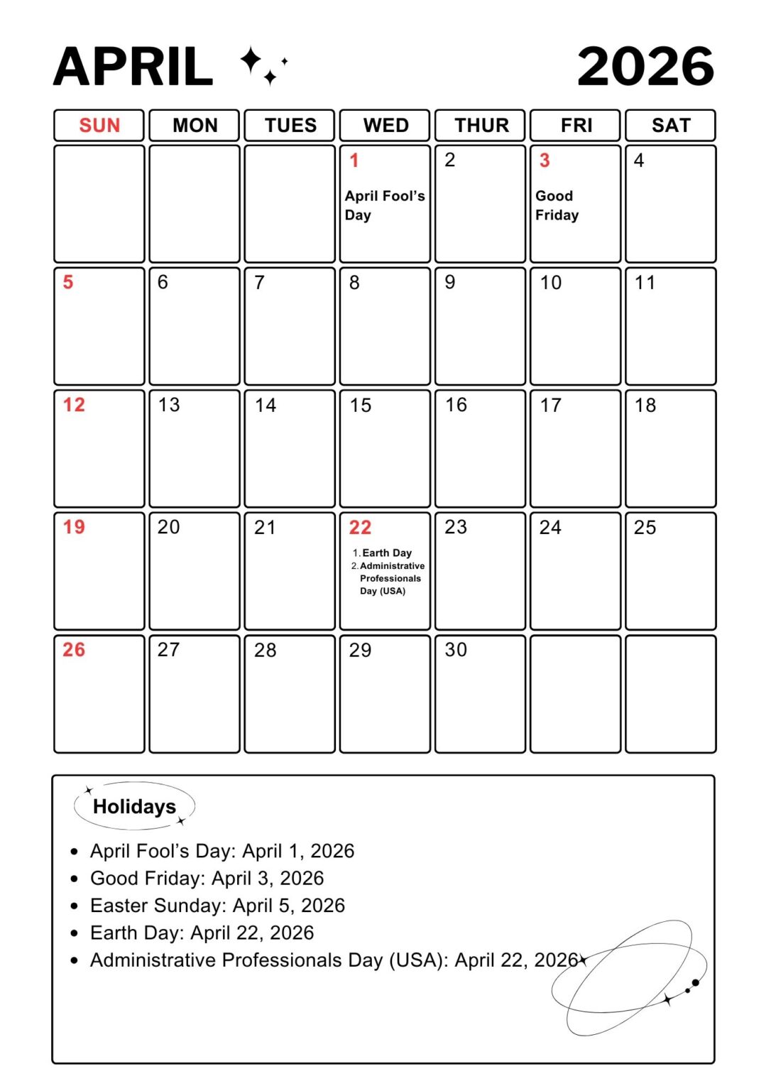 April 2026 A4 Calendar Printable with Holidays & Dates