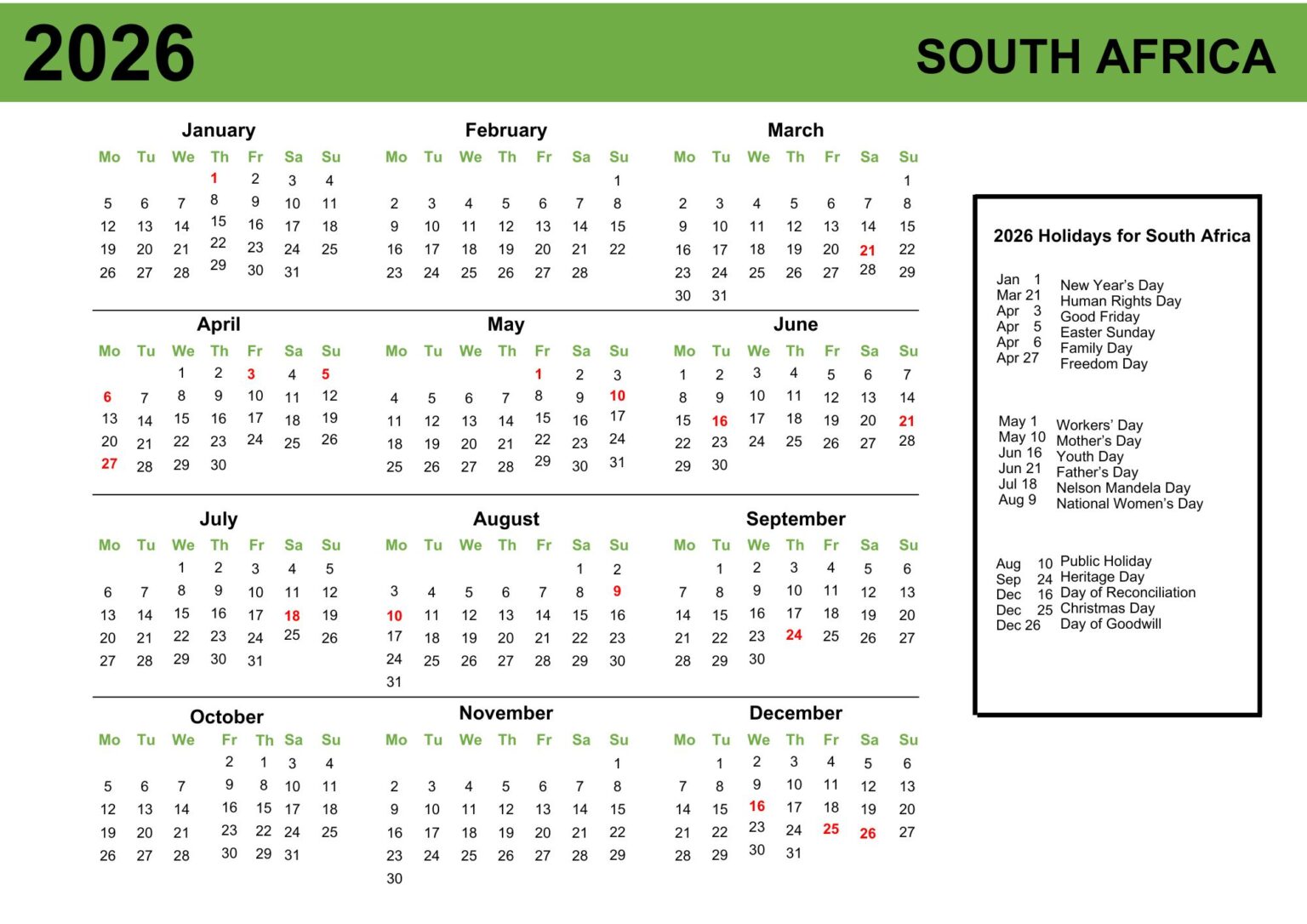 South Africa Calendar 2026 with Holidays & Key Dates