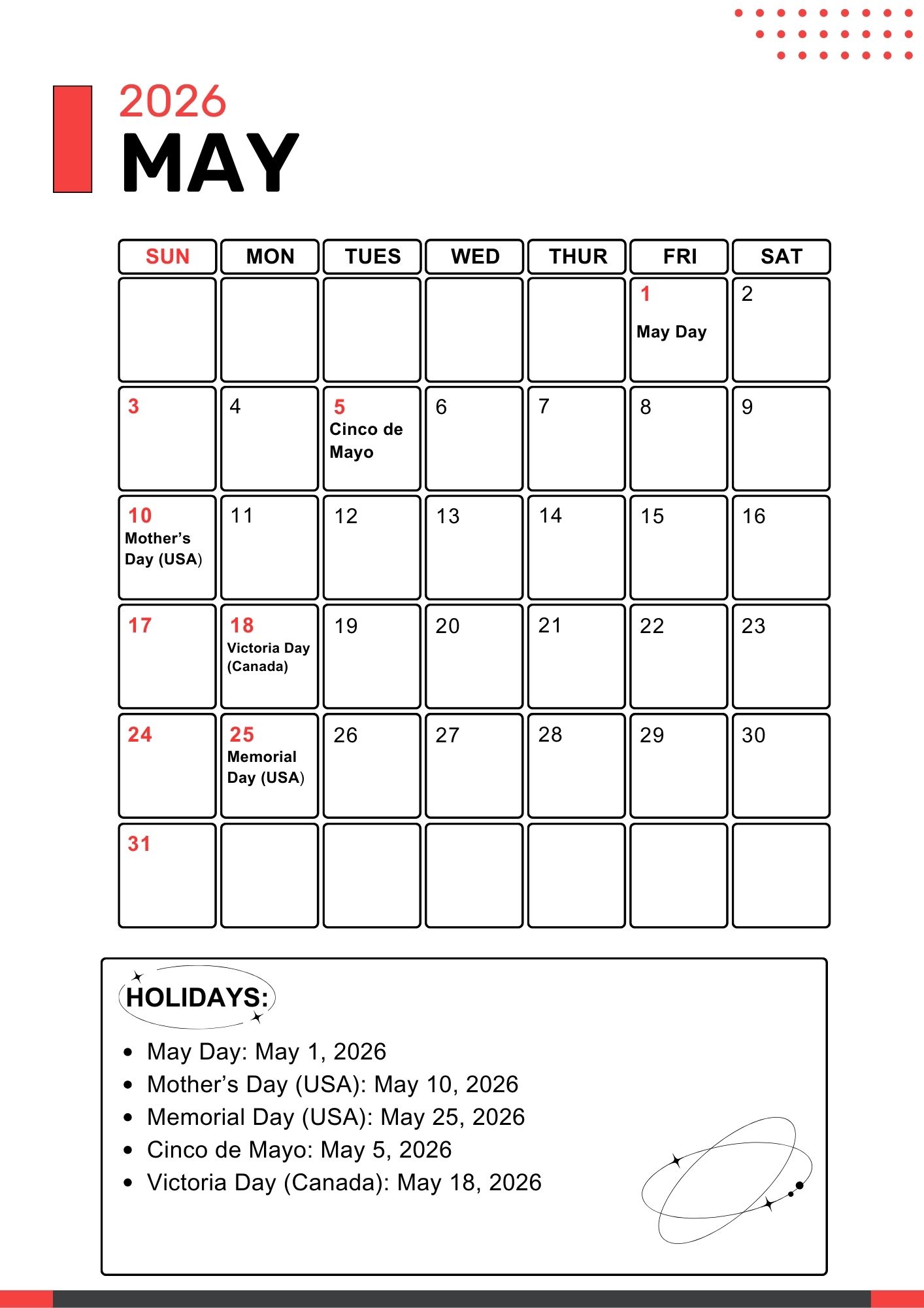 May 2026 A4 Calendar Printable with Holidays & Dates