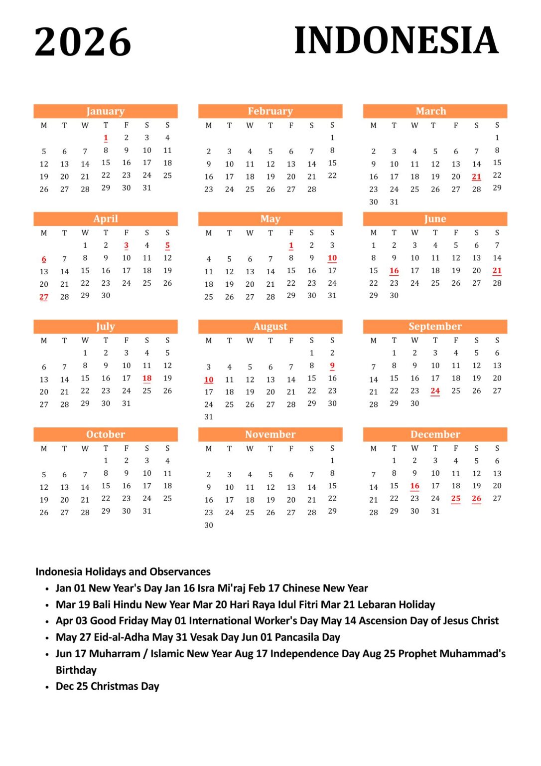 Indonesia Calendar 2026 with Holidays & Key Dates