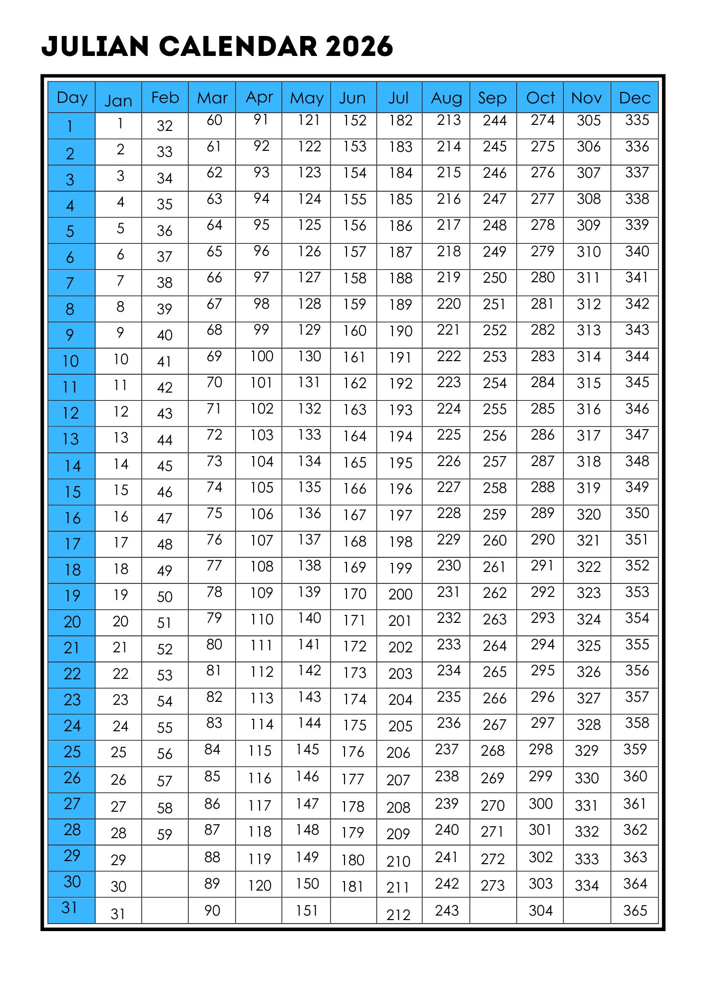 Printable Julian Calendar 2026 Download Printable Julian Calendar 2026 Download