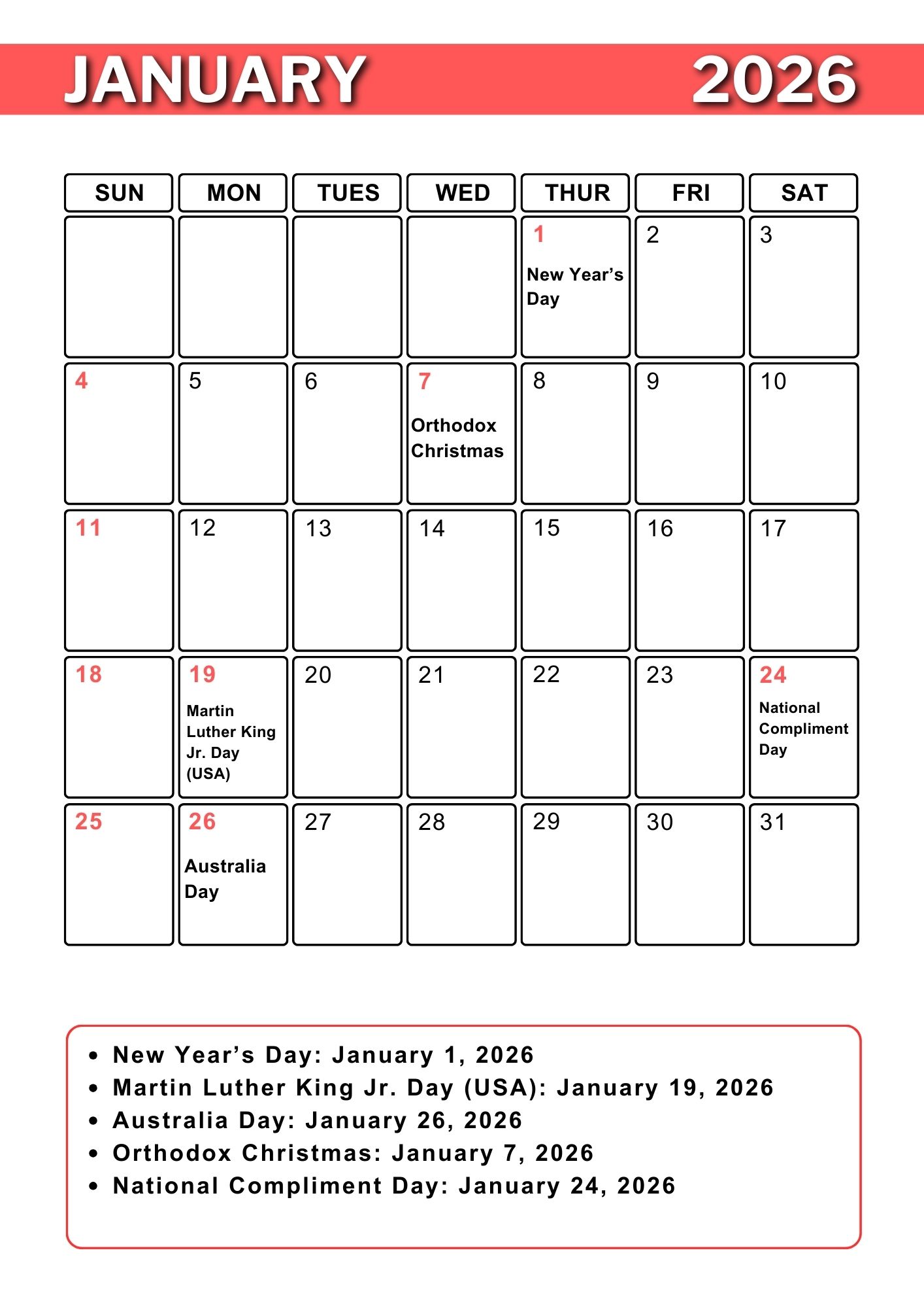 January 2026 A4 Calendar Printable with Holidays & Dates