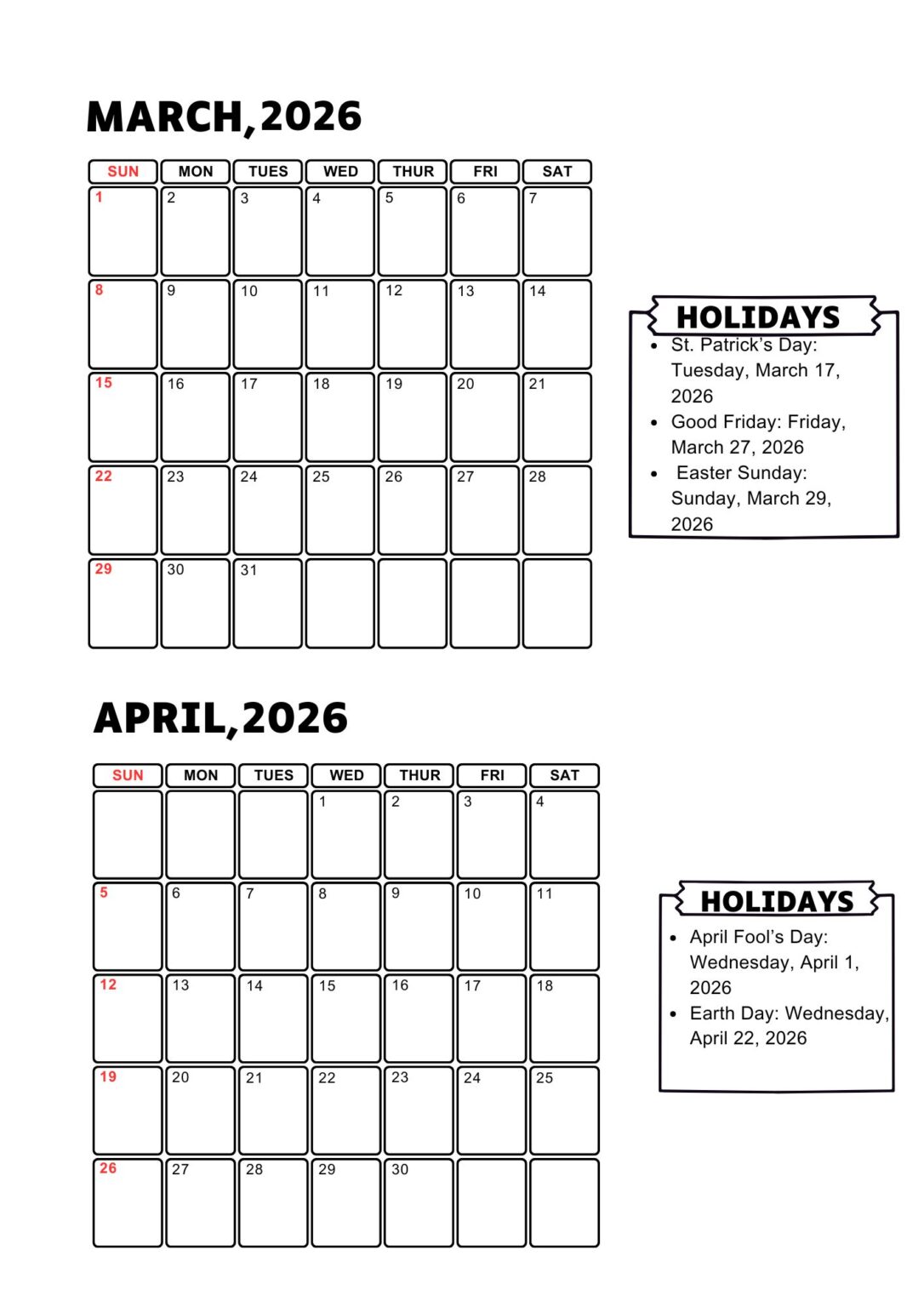 March April 2026 Calendar with Holidays & Printable Dates