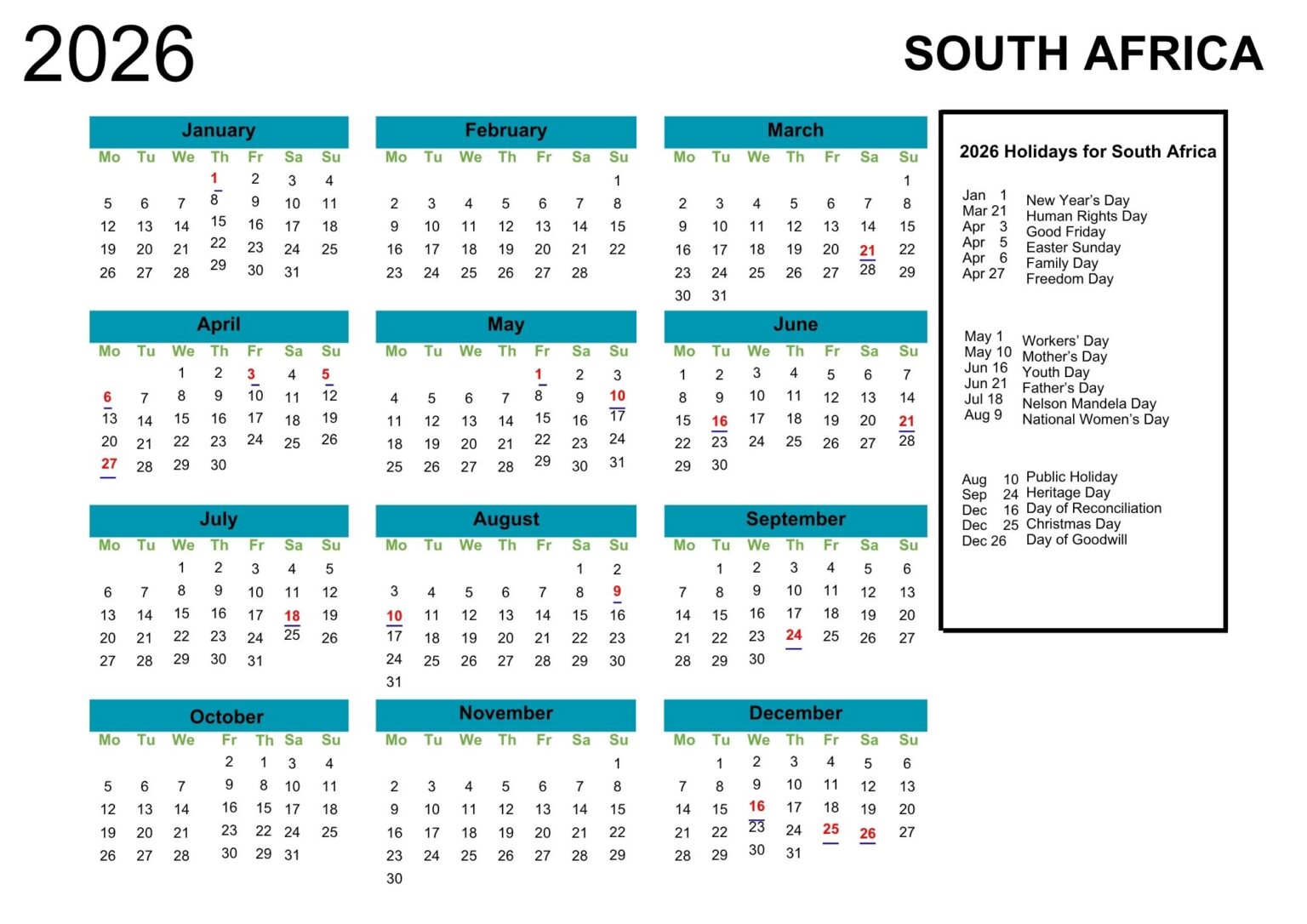 South Africa Calendar 2026 with Holidays & Key Dates