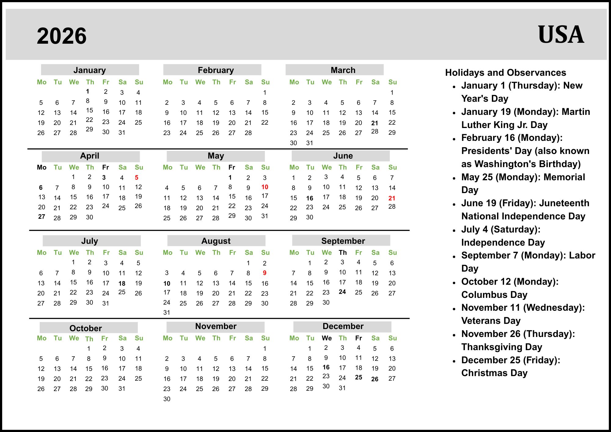USA Calendar 2026 with Federal Holidays & Key Dates