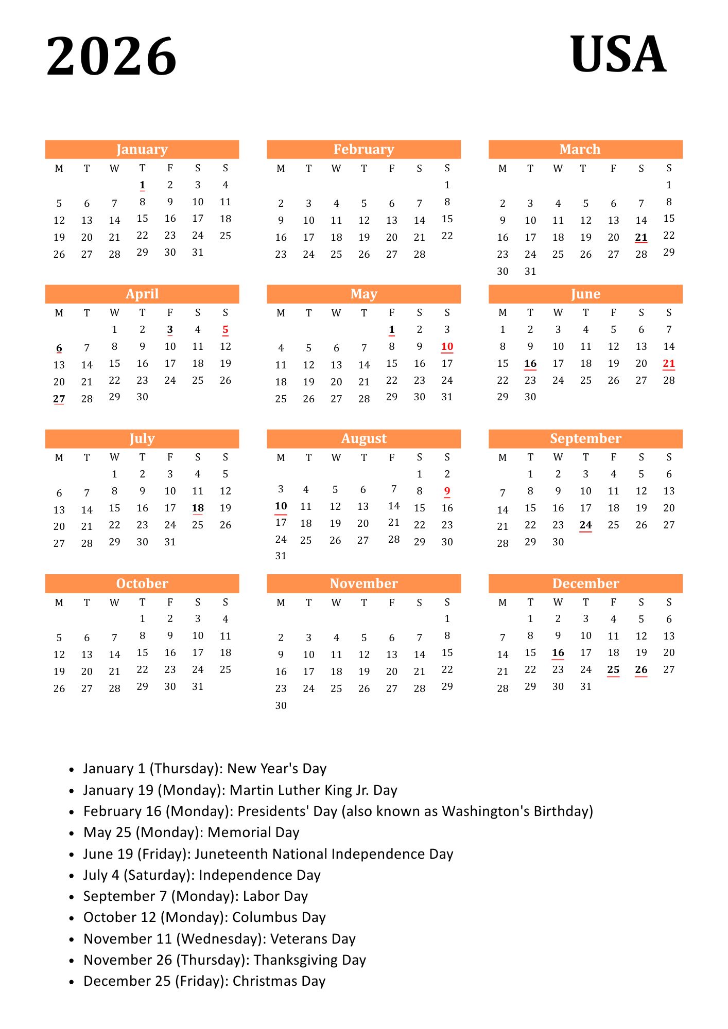 USA Calendar 2026 with Federal Holidays & Key Dates