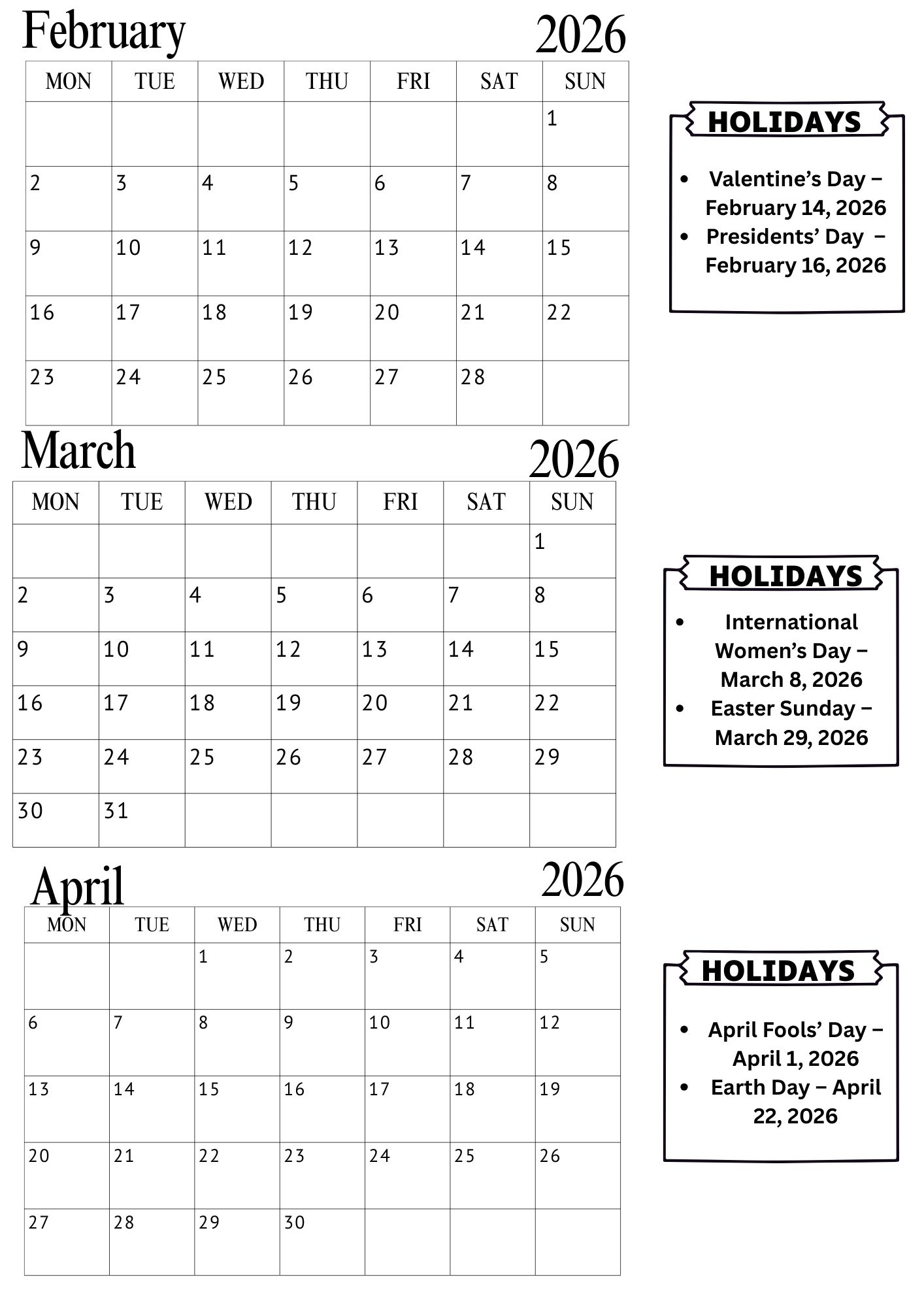 February March April Calendar 2026 [Free Printable]