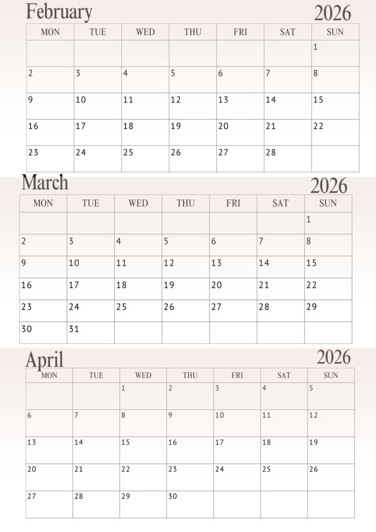 February March April Calendar 2026 [Free Printable]