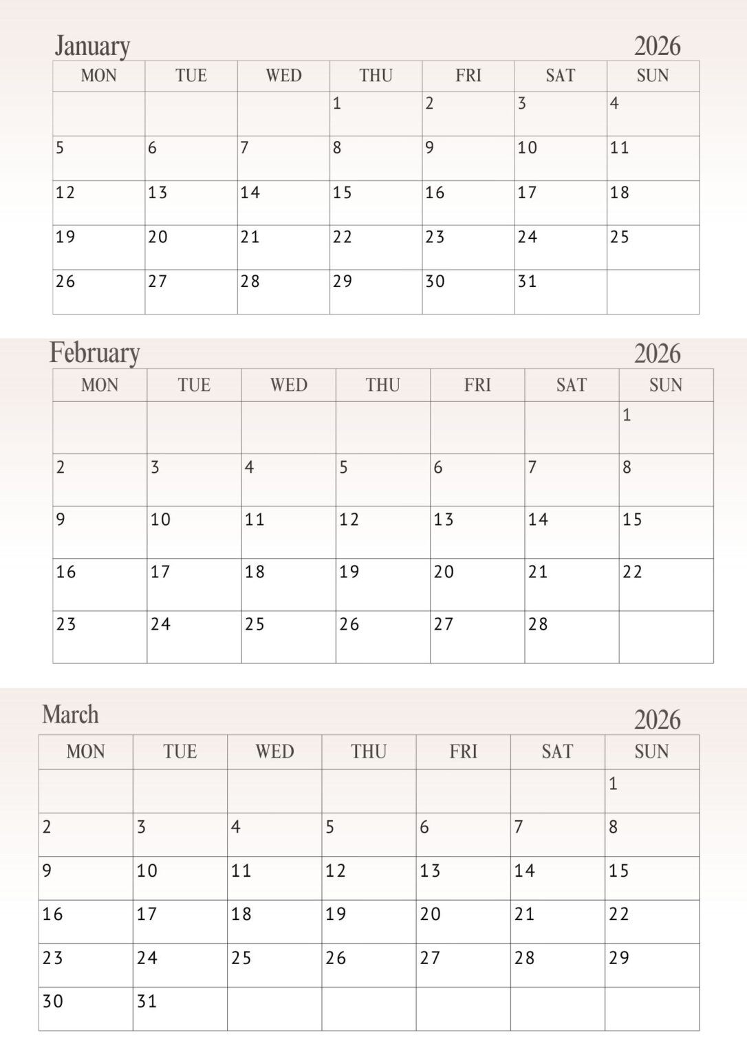January February March Calendar 2026 [Free Printable]