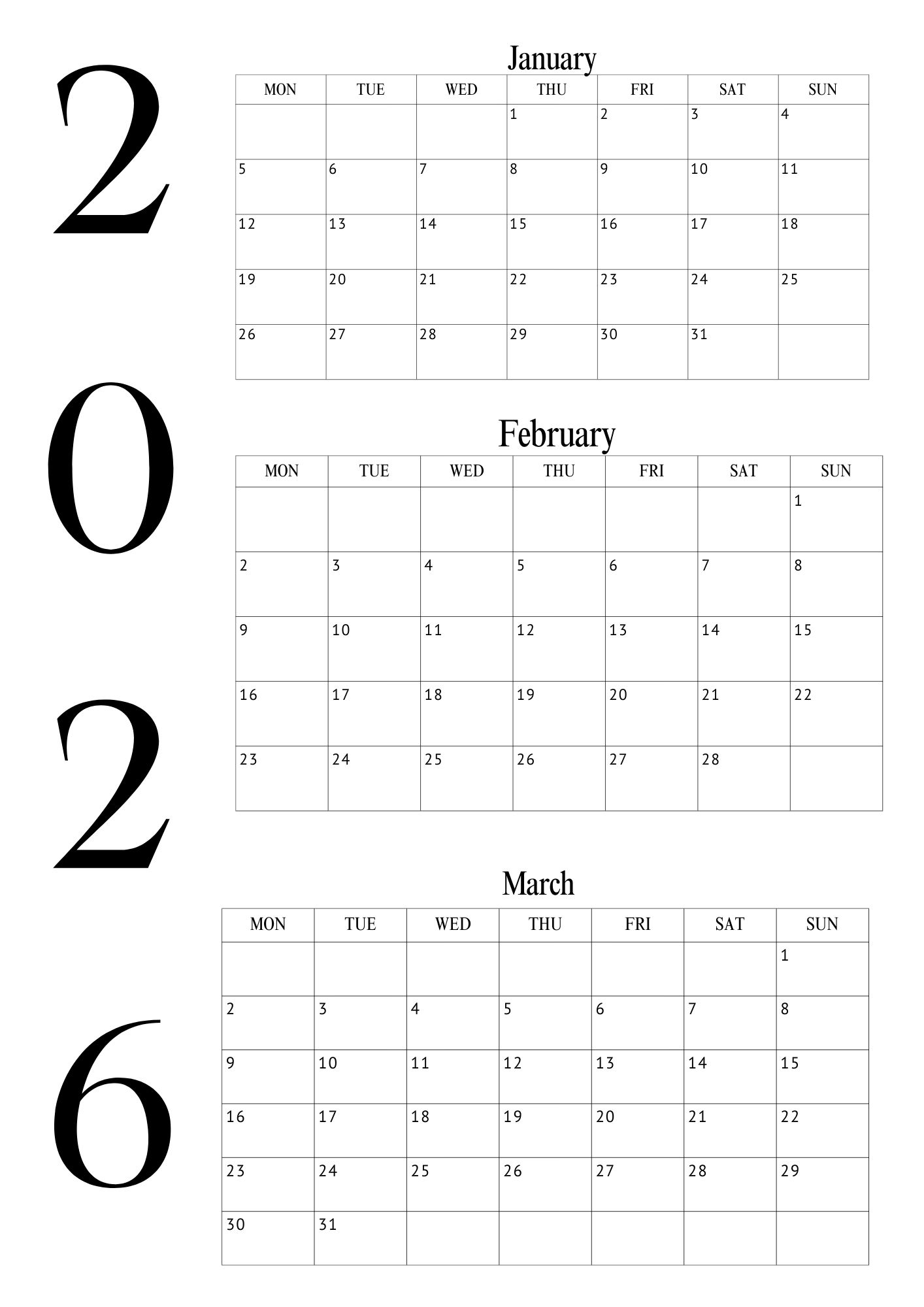January February March Calendar 2026 [Free Printable]