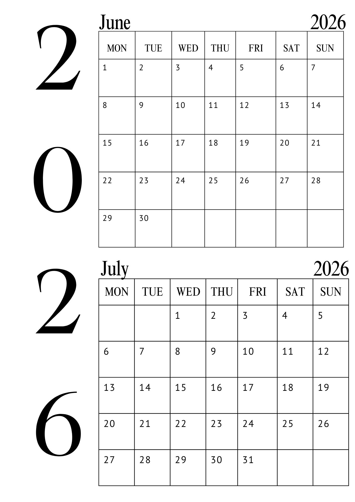 June July 2026 Calendar with Holidays & Printable Dates