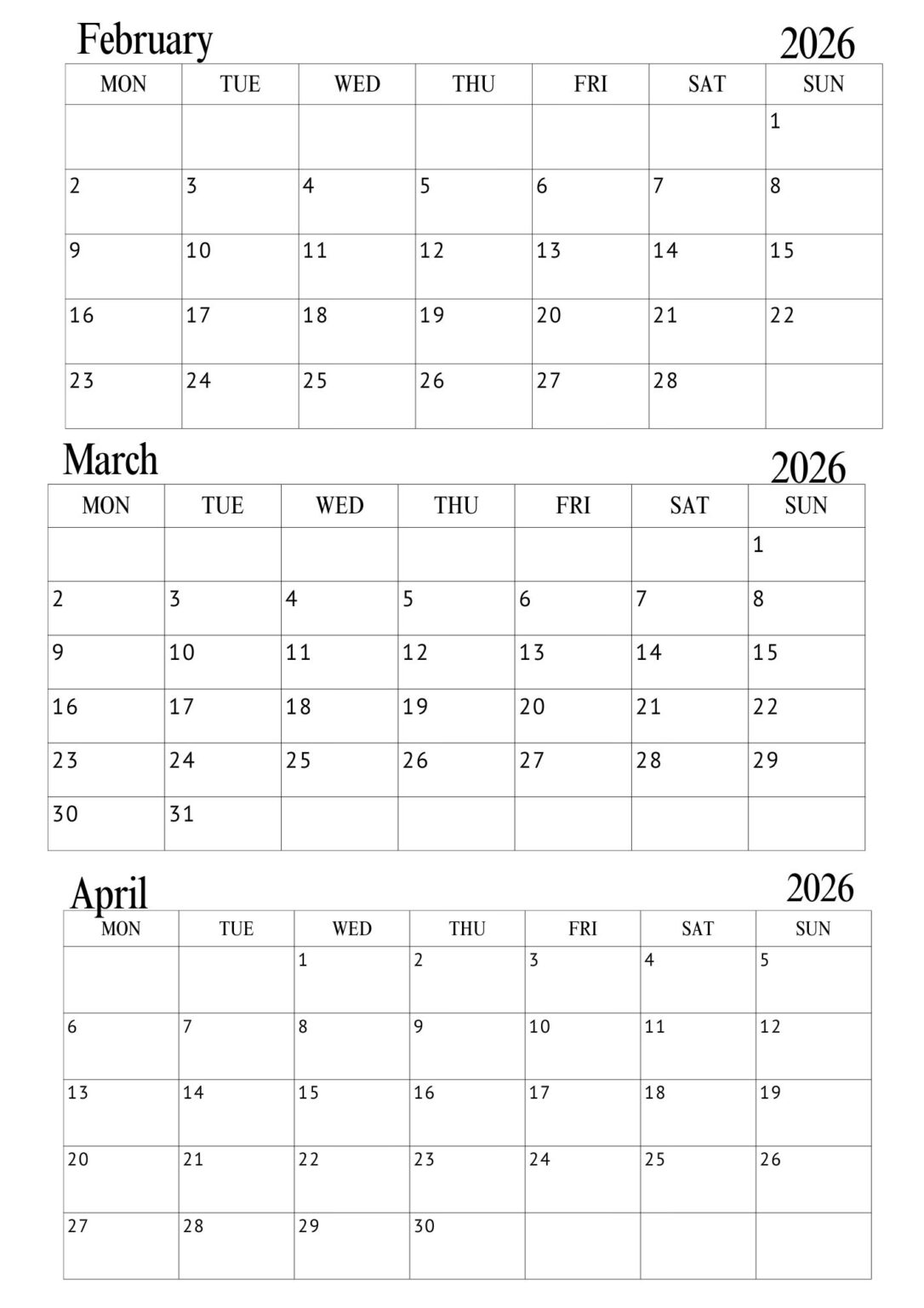 February March April Calendar 2026 [Free Printable]
